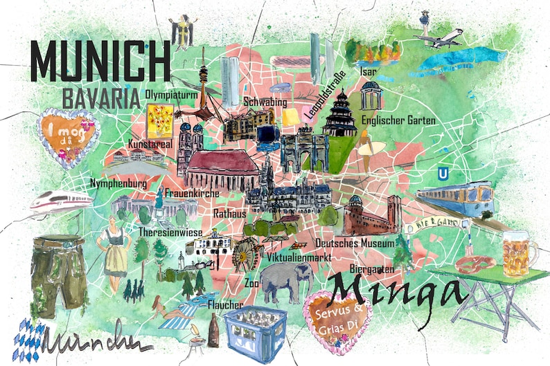 Munich Bavaria Germany Illustrated Travel Map With Roads and Tourist ...