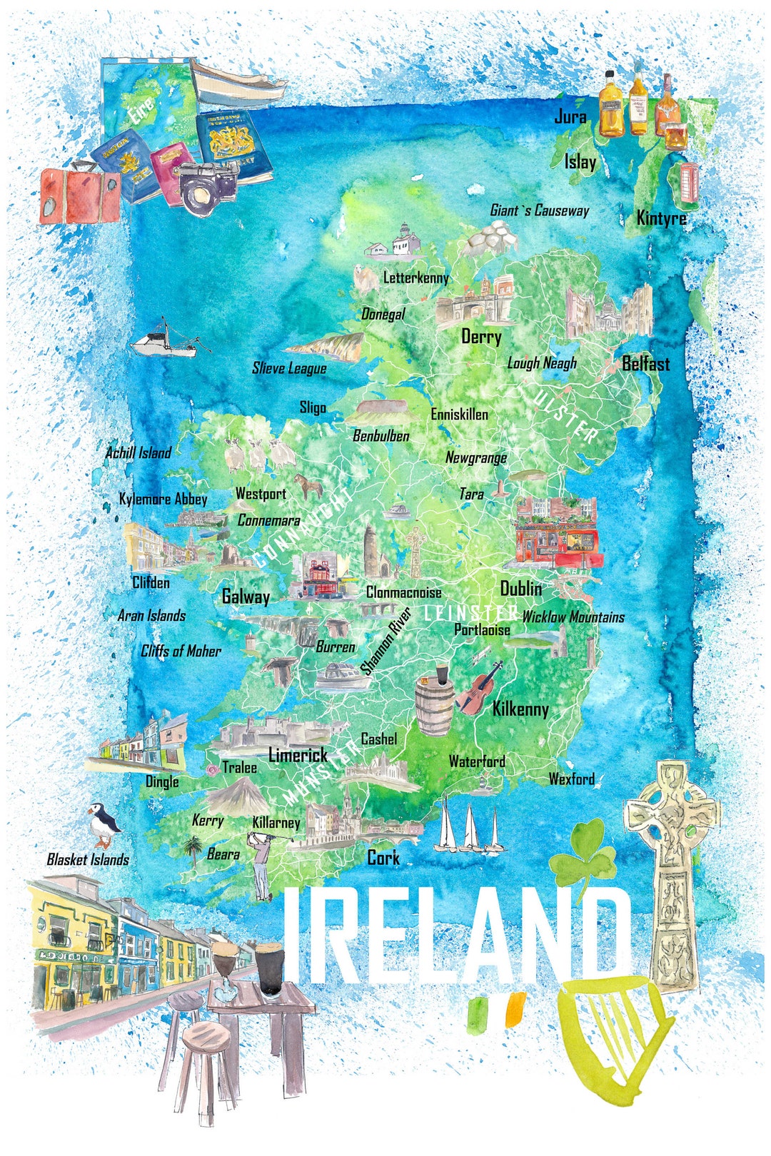 Ireland Illustrated Travel Map With Roads and Highlights - Fine Art ...