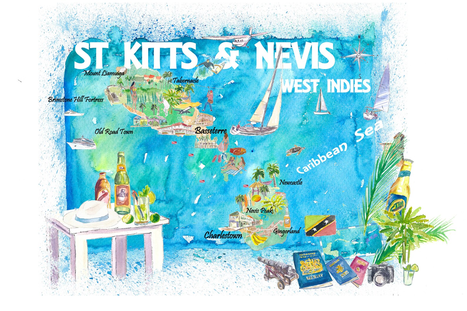 St Kitts Nevis Antilles Illustrated Caribbean Travel Map With - Etsy