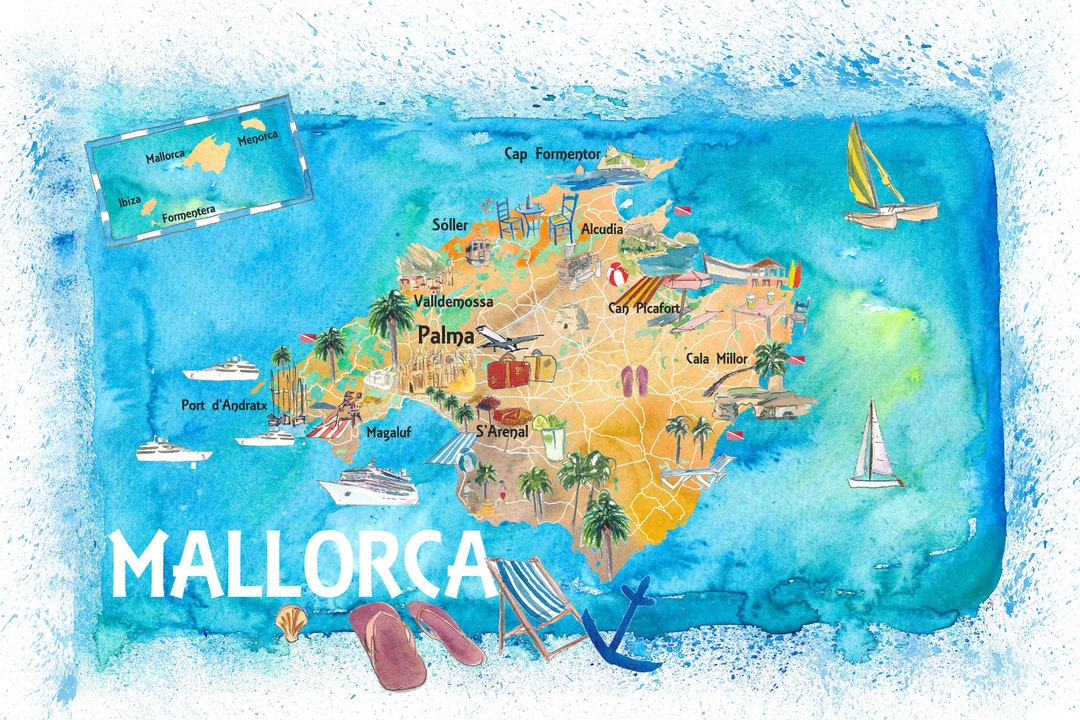 Mallorca Majorca Spain Illustrated Map With Landmarks and Highlights ...
