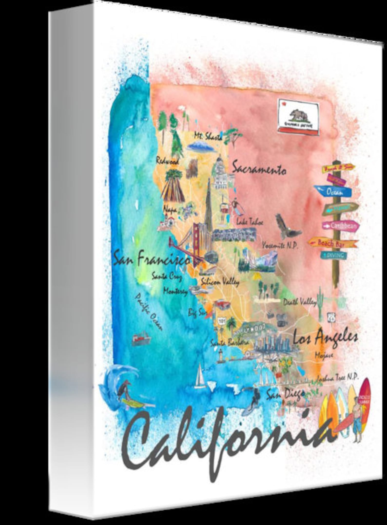 California Illustrated Map With Tourist Highlights and Roads | Etsy