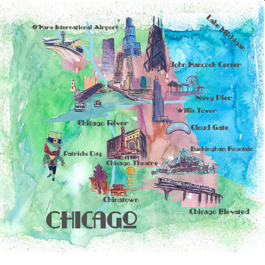 Chicago Favorite Map With Touristic Top Ten Highlights - Fine Art Print ...