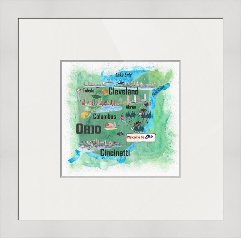 USA Ohio State Illustrated Travel Poster Map With Touristic - Etsy