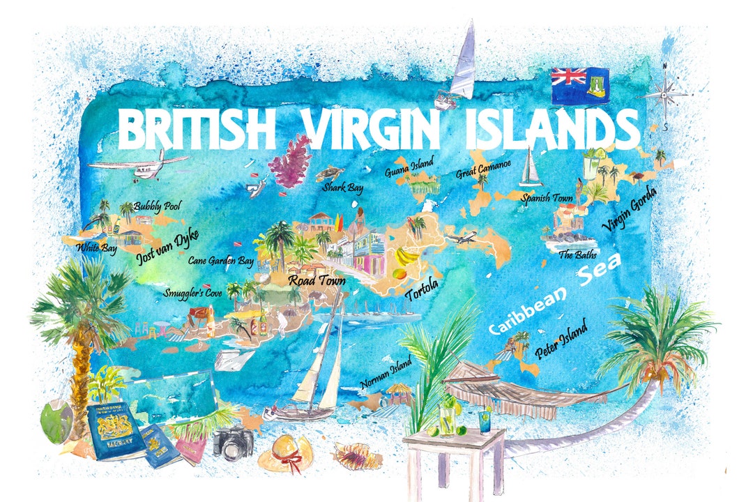 British Virgin Islands Illustrated Travel Map With Roads and Highlights ...