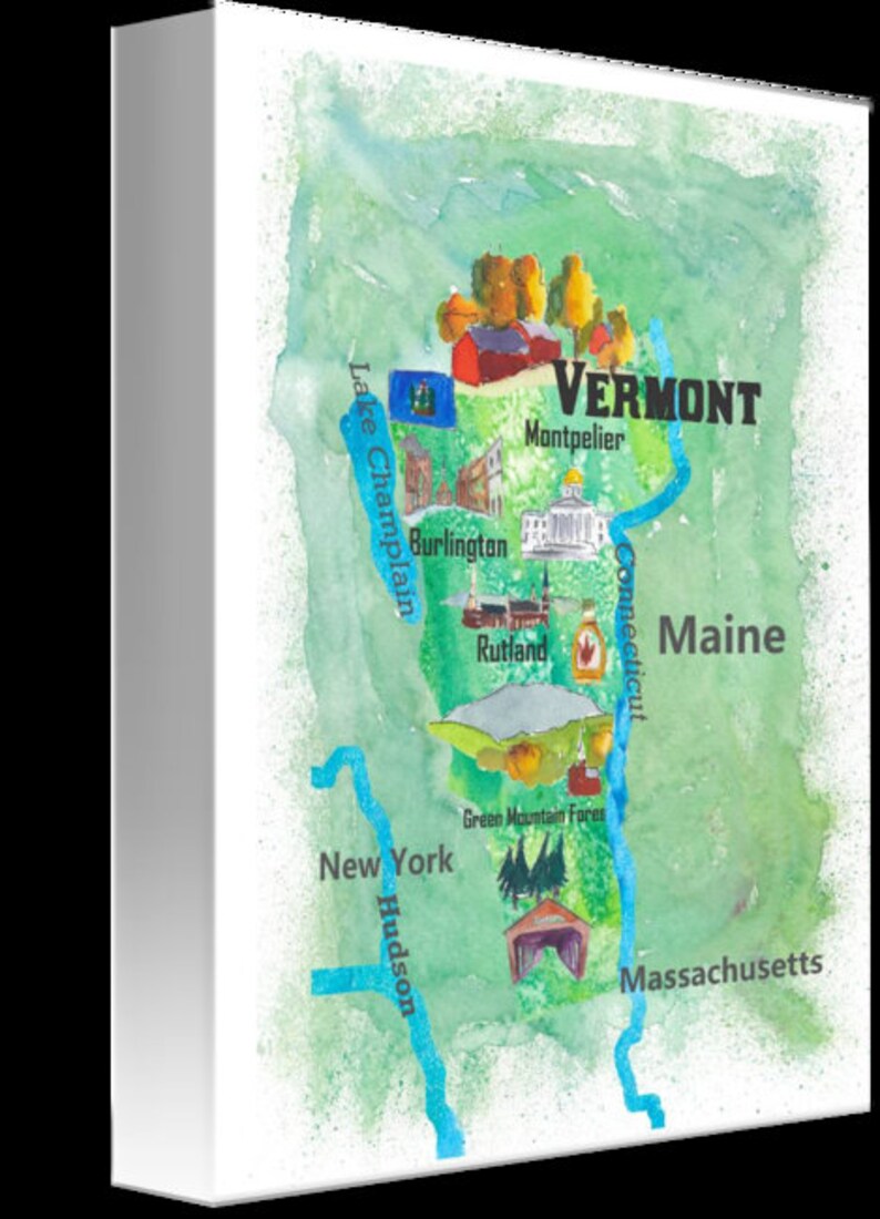 USA Vermont State Illustrated Travel Poster Map With Touristic - Etsy