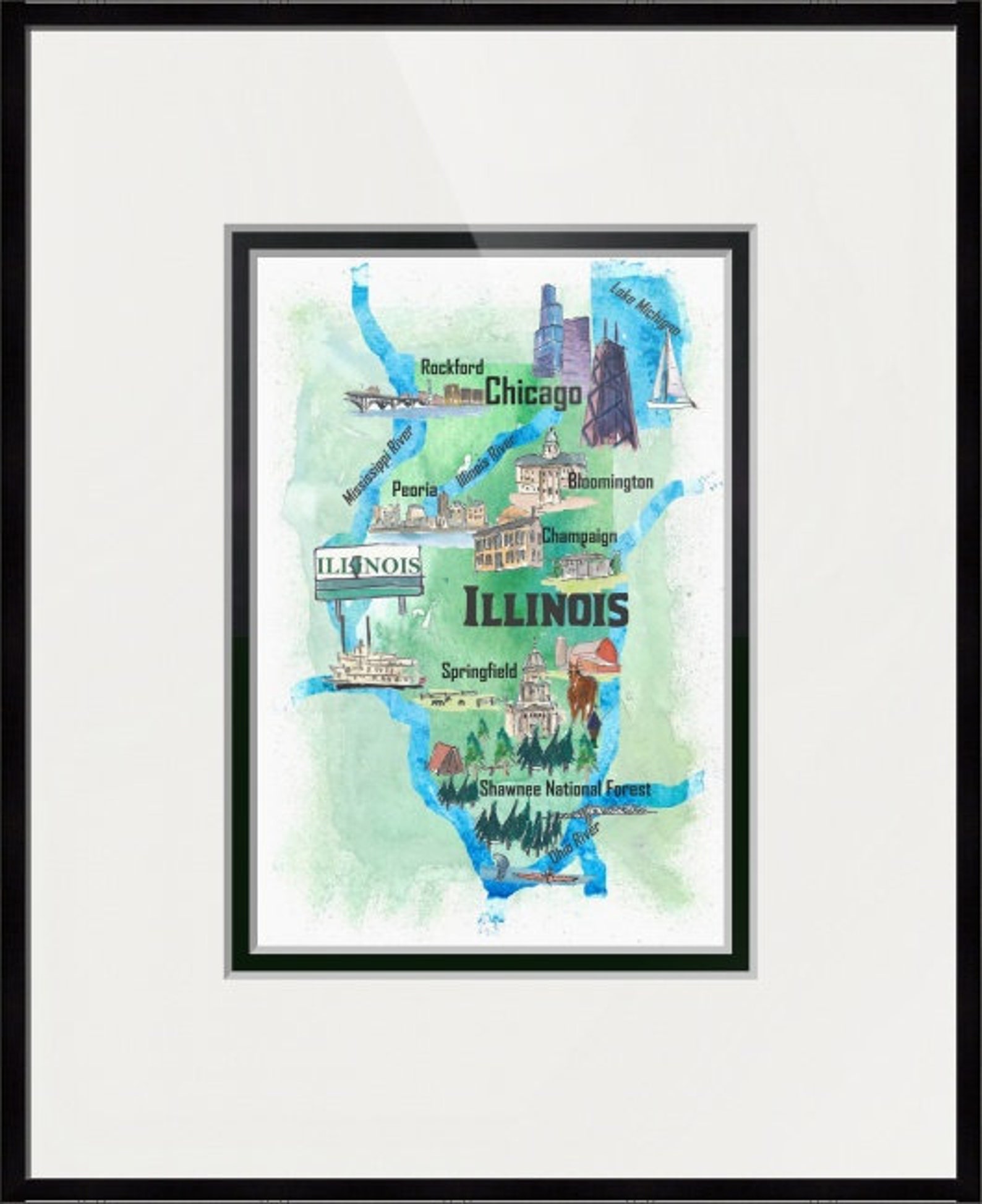 USA Illinois State Travel Poster Map With Tourist Highlights - Etsy