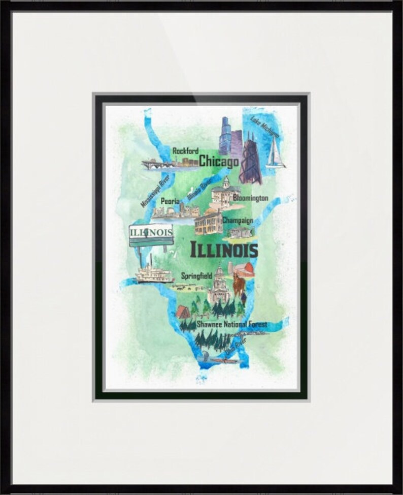 USA Illinois State Travel Poster Map With Tourist Highlights - Etsy