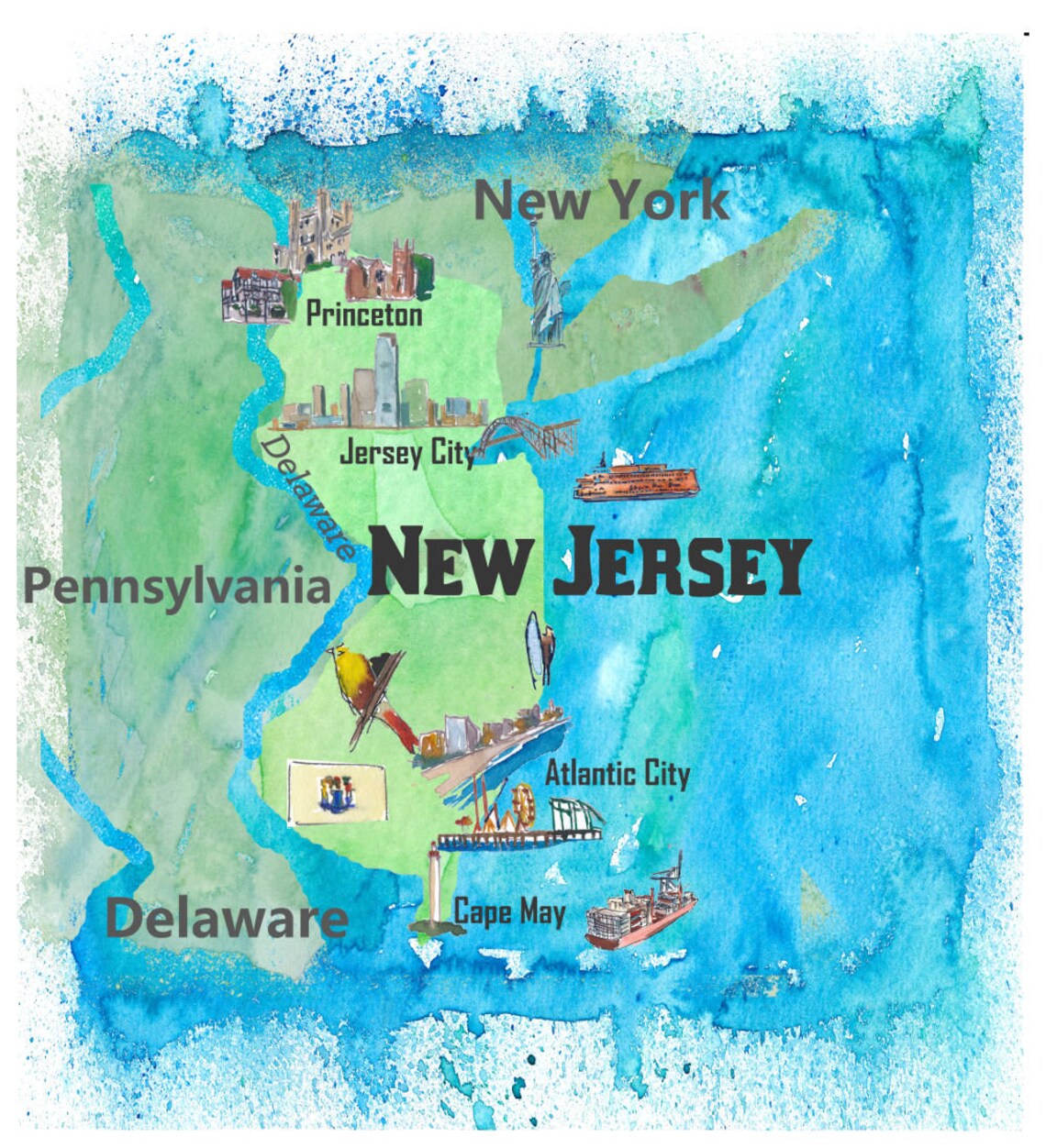 USA New Jersey State Travel Poster Map With Touristic - Etsy