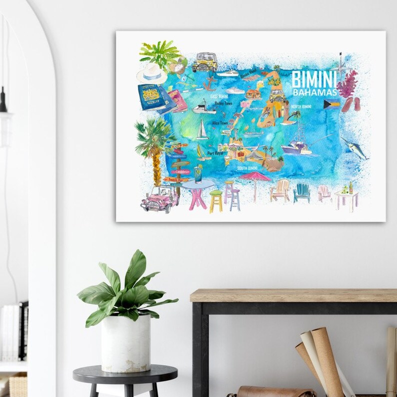 Bimini Bahamas Illustrated Map With Island Tourist Highlights - Fine ...