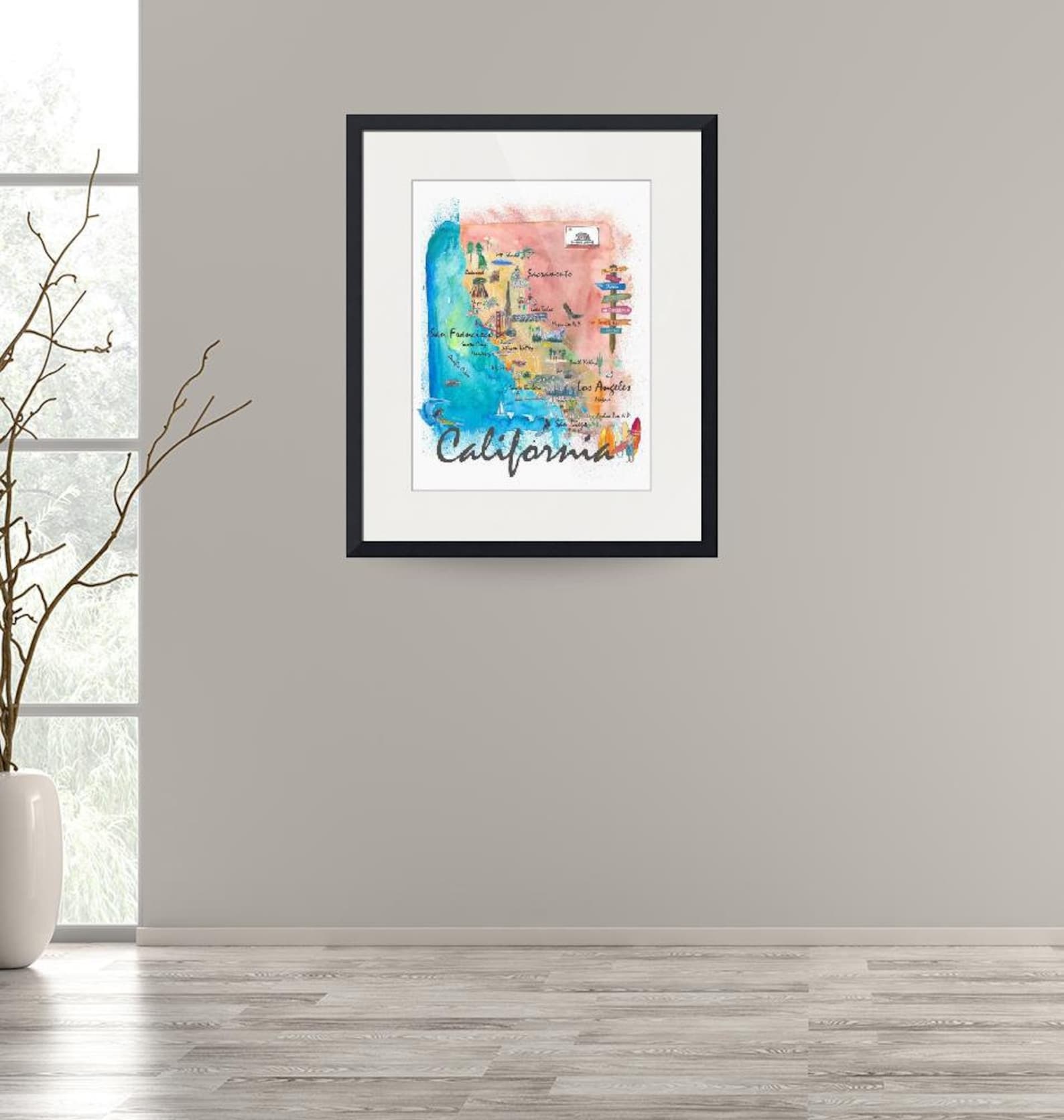 California Illustrated Map With Tourist Highlights and Roads | Etsy