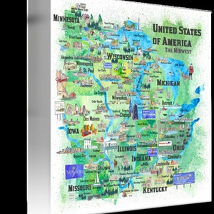 USA Midwest State Illustrated Travel Poster Map With Touristic ...