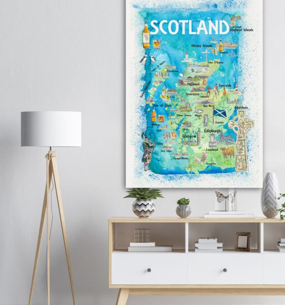 Scotland Illustrated Map With Main Roads Landmarks and Highlights ...