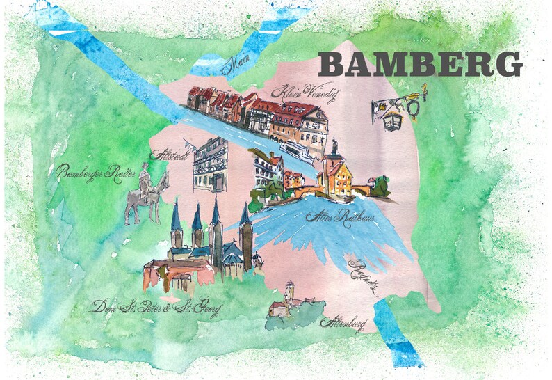 Bamberg Favorite Map With Touristic Top Ten Highlights Fine Art Print ...