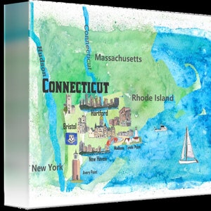 USA Connecticut State Illustrated Travel Poster Map With Touristic ...