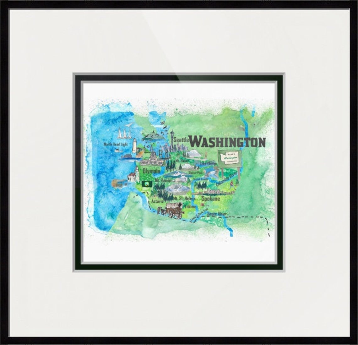 USA Washington State Travel Poster Illustrated Art Map Fine - Etsy