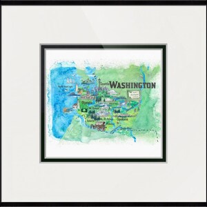 USA Washington State Travel Poster Illustrated Art Map - Fine Art Print ...