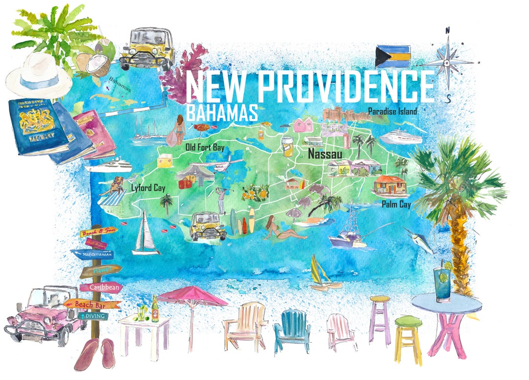 New Providence Bahamas Illustrated Island Travel Map With Landmarks and ...