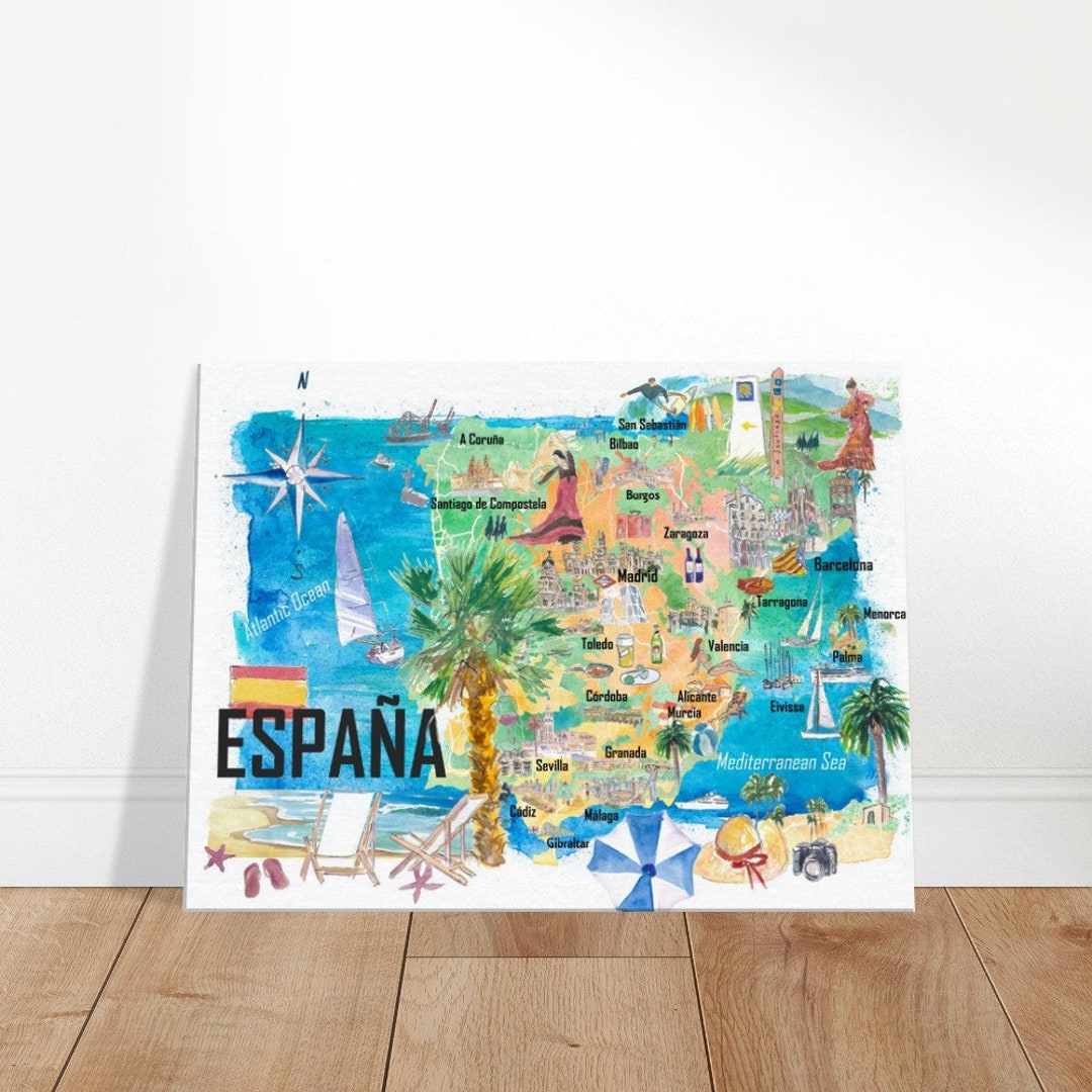 Spain Illustrated Country Travel Map With Main Roads and Highlights - Etsy