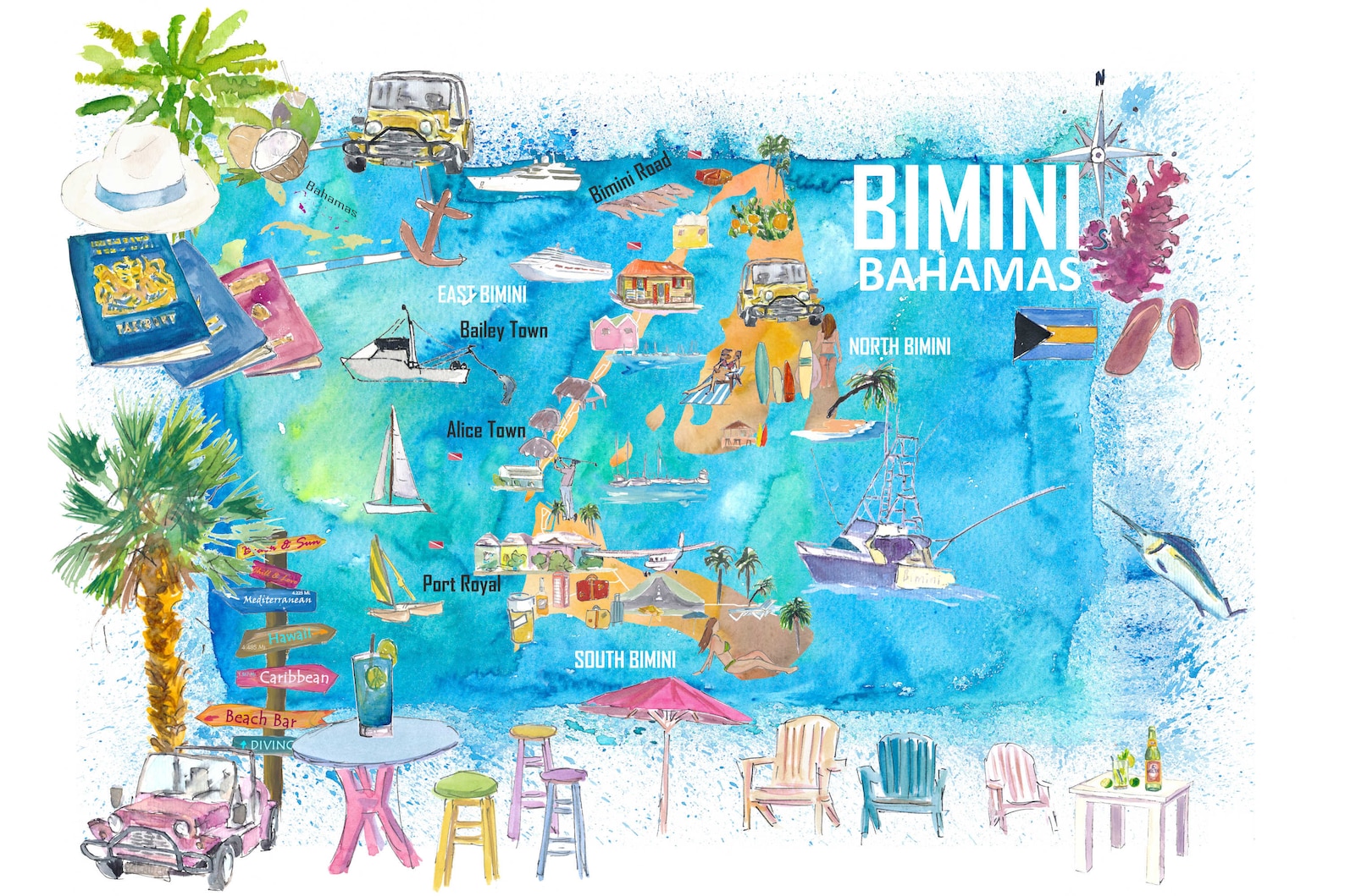 Bimini Bahamas Illustrated Map With Island Tourist Highlights - Etsy