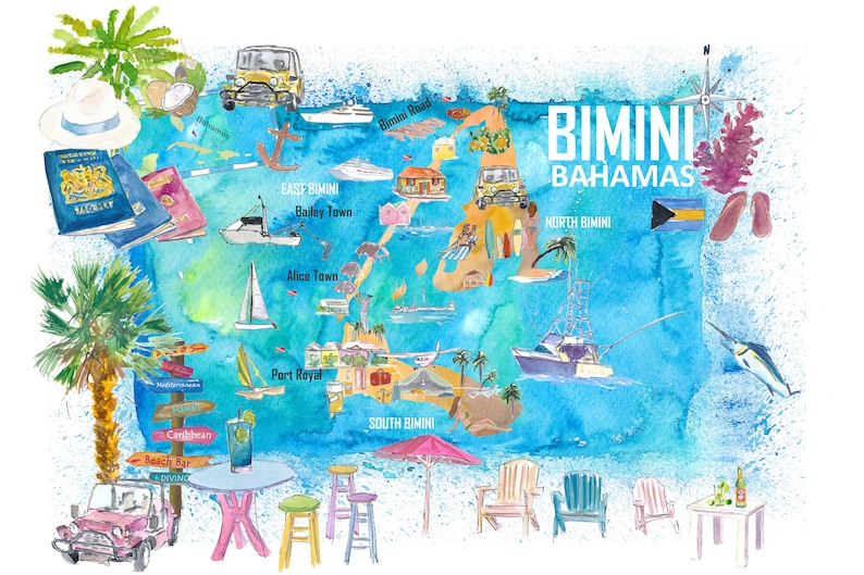 Bimini Bahamas Illustrated Map With Island Tourist Highlights - Etsy