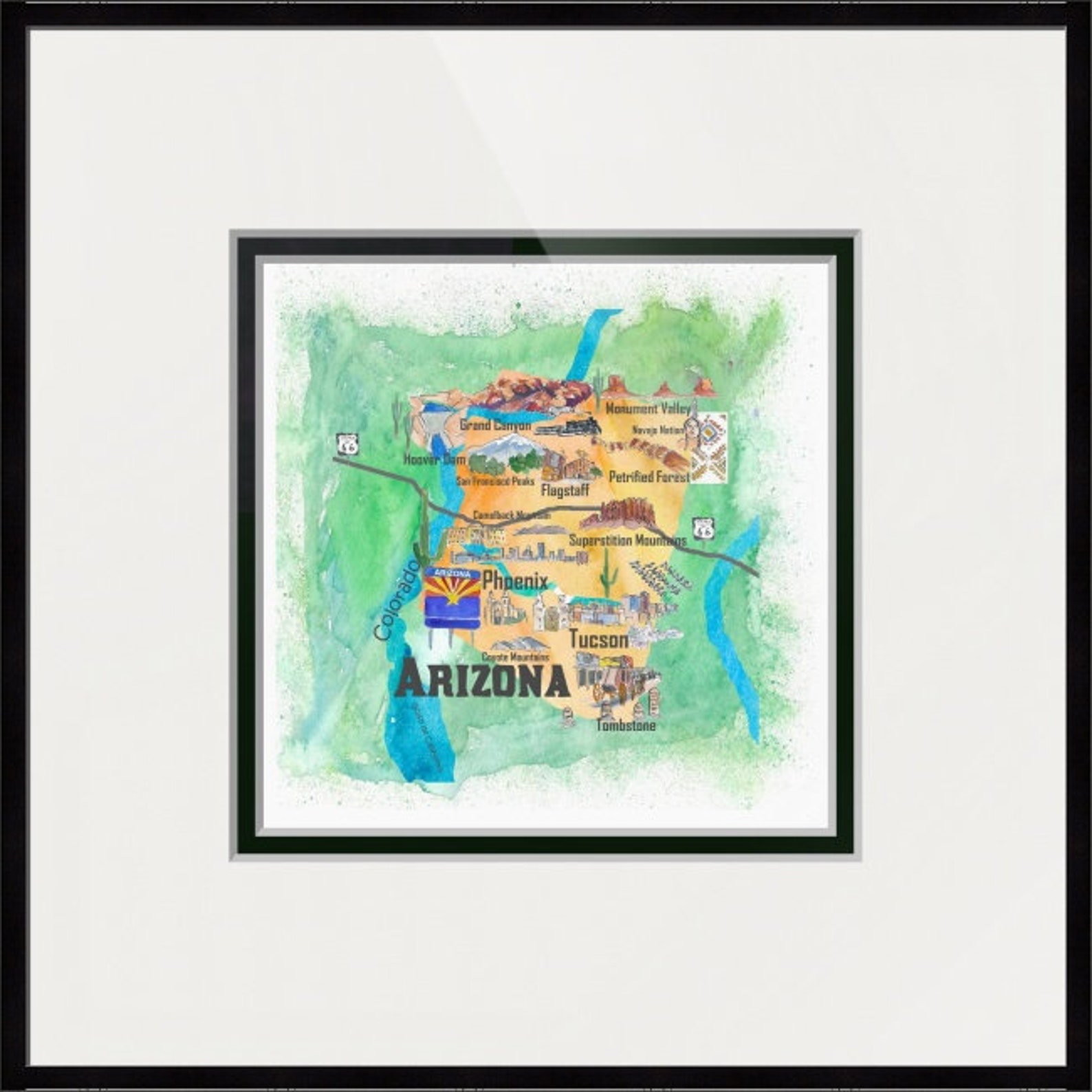 USA Arizona State Travel Poster Illustrated Art Map - Fine Art Print - Etsy