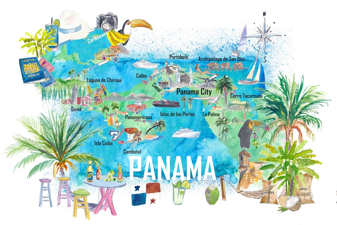 Panama Illustrated Travel Map With Tourist Highlights and Panamericana ...