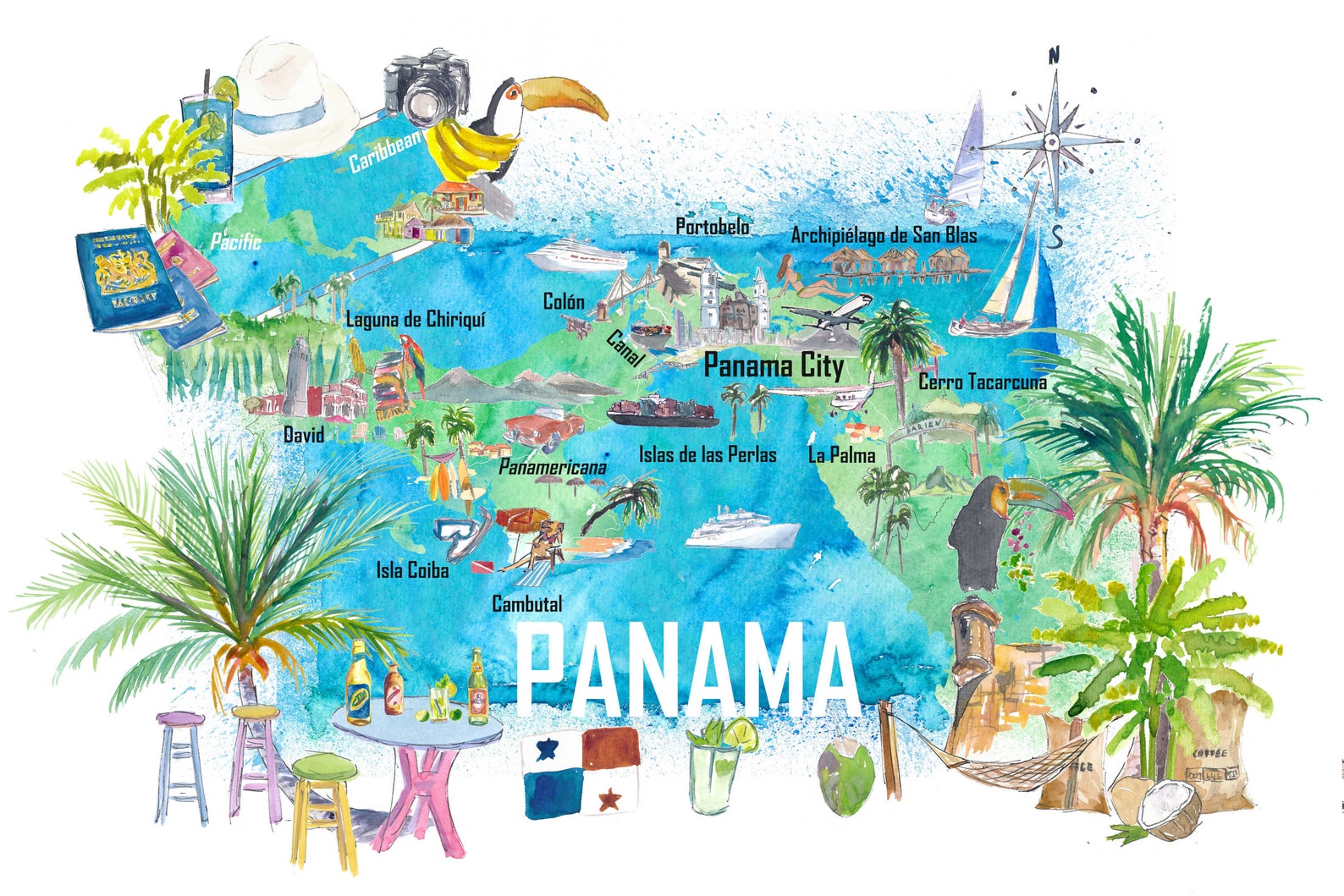 Panama Illustrated Travel Map With Tourist Highlights and Panamericana ...