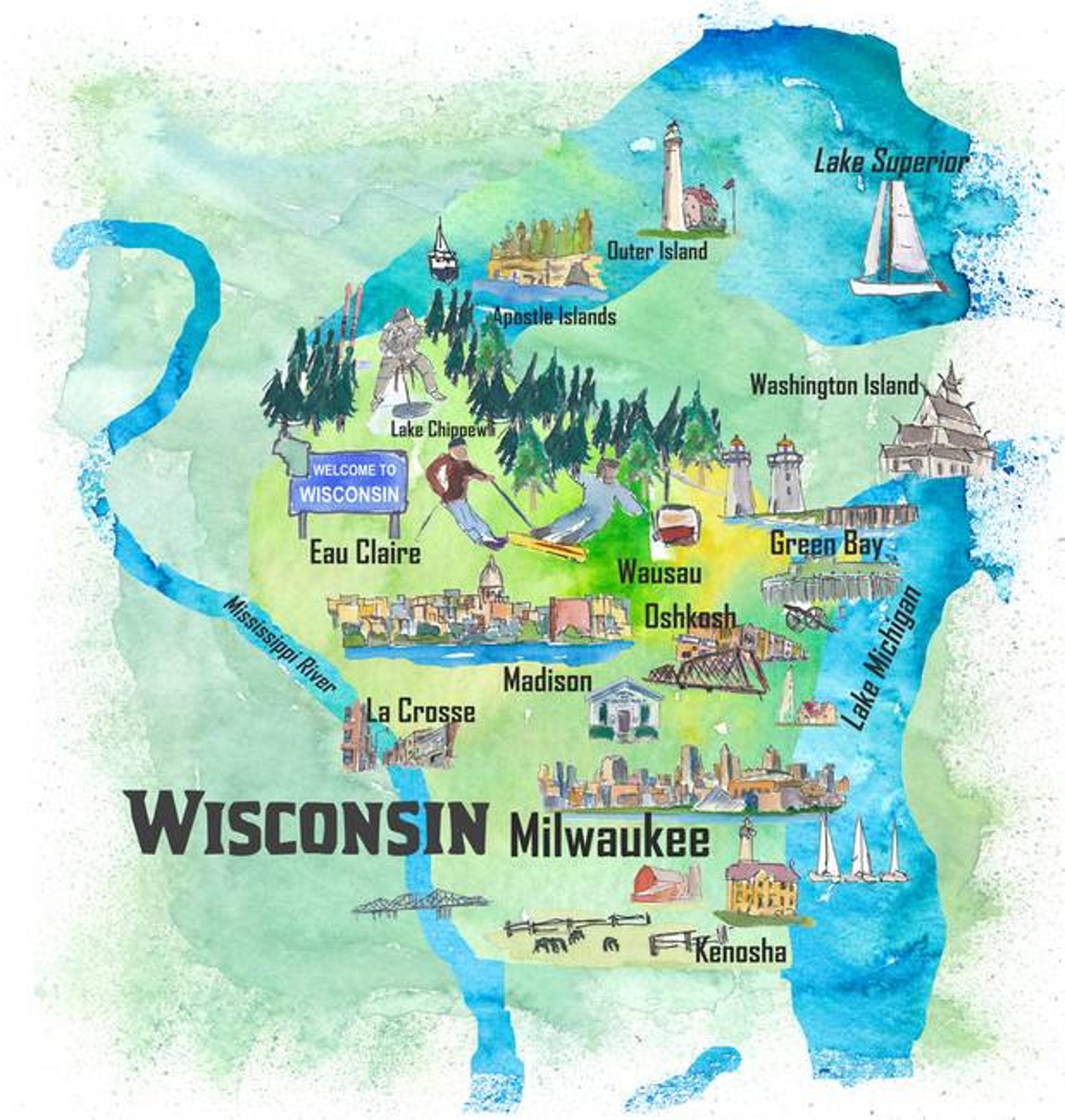 USA Wisconsin State Illustrated Travel Poster Map With Tourist - Etsy