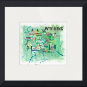 USA Wyoming State Travel Poster Illustrated Art Map - Fine Art Print - Etsy