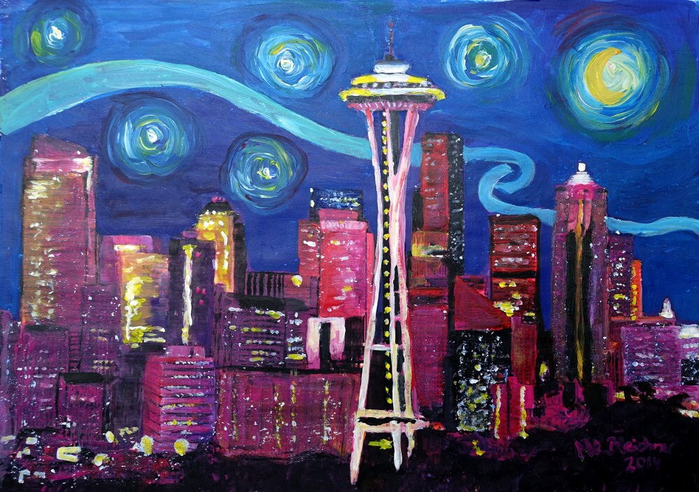 Starry Night in Seattle Space Needle with Van Gogh | Etsy