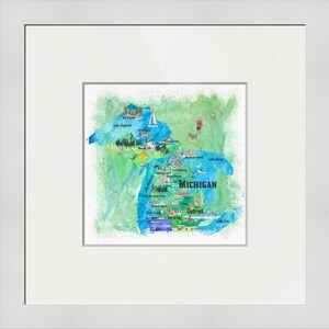 USA Michigan State Illustrated Travel Poster Map With Touristic ...