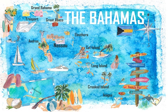 The Bahamas Illustrated Map With Main Roads Landmarks and | Etsy