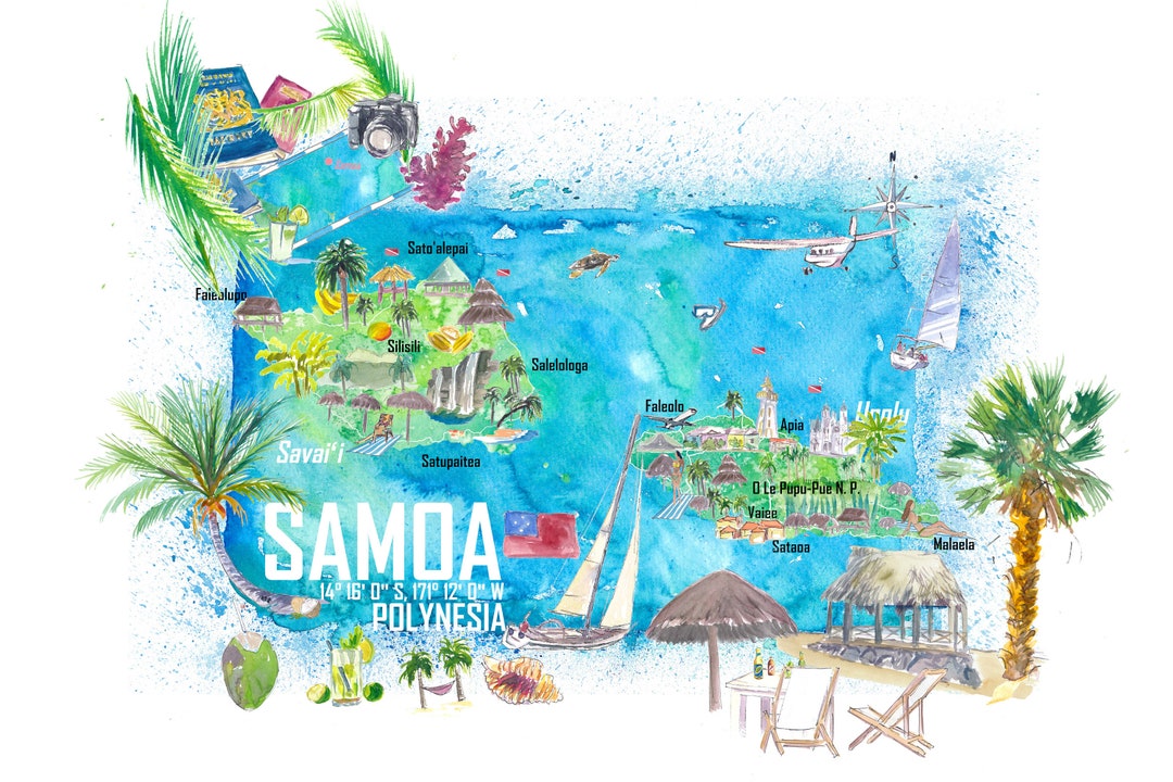 Samoa Illustrated Map Wall Art – Polynesia Travel Map Print South ...