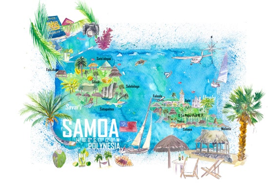 Samoa Illustrated Island Travel Map With Roads and Highlights - Etsy