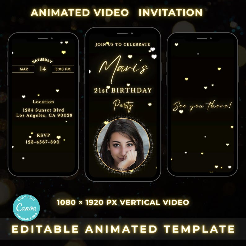 Gold Birthday Video Invitation Template Canva Editable Mobile Invite ...