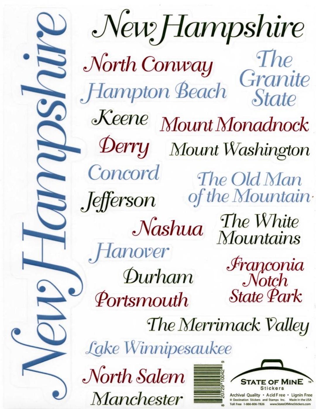 New Hampshire Word Sticker Collection: Travel Landmarks, Cities (set ...