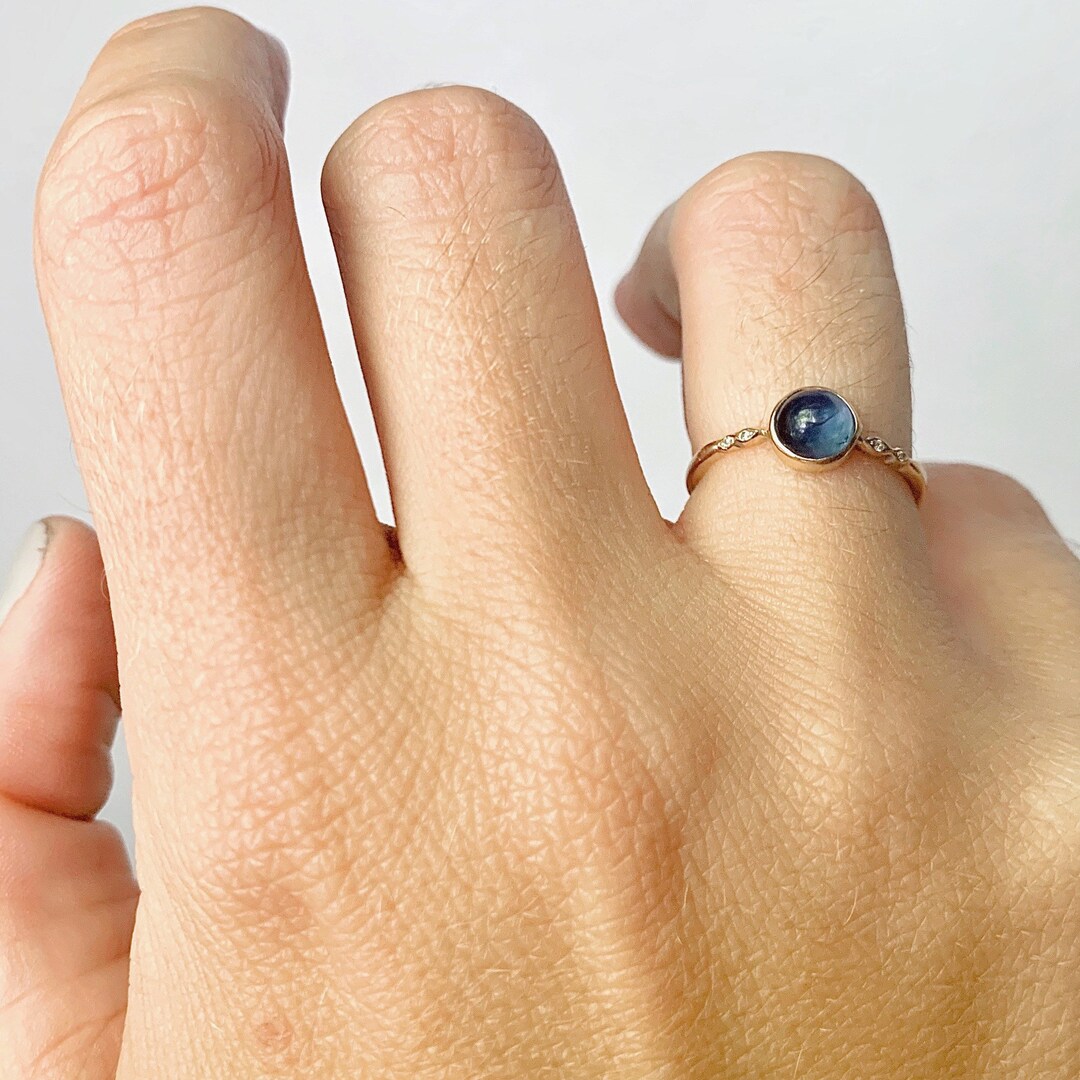 Orphic Ring // Blue Sapphire Cabochon and White Diamond Pave // 14k Gold // Alternative Bridal ...