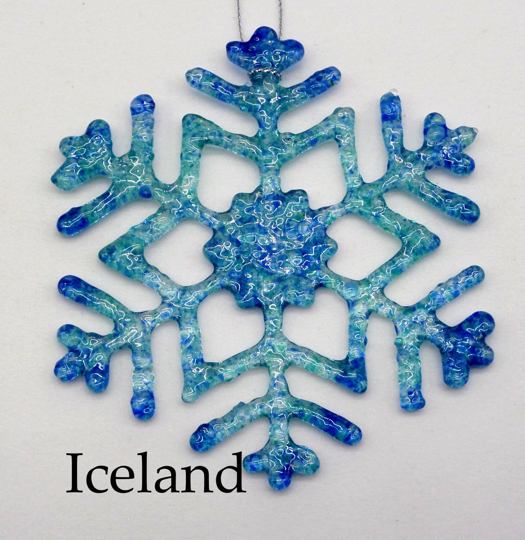 Glass Snowflake Ornament-iceland-clear With Aqua, Teal, Cobalt Blue ...