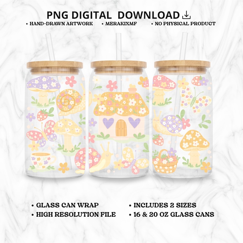 Pastel Cottagecore Snail & Mushroom Glass Can Wrap PNG 16oz 20oz – Cute ...