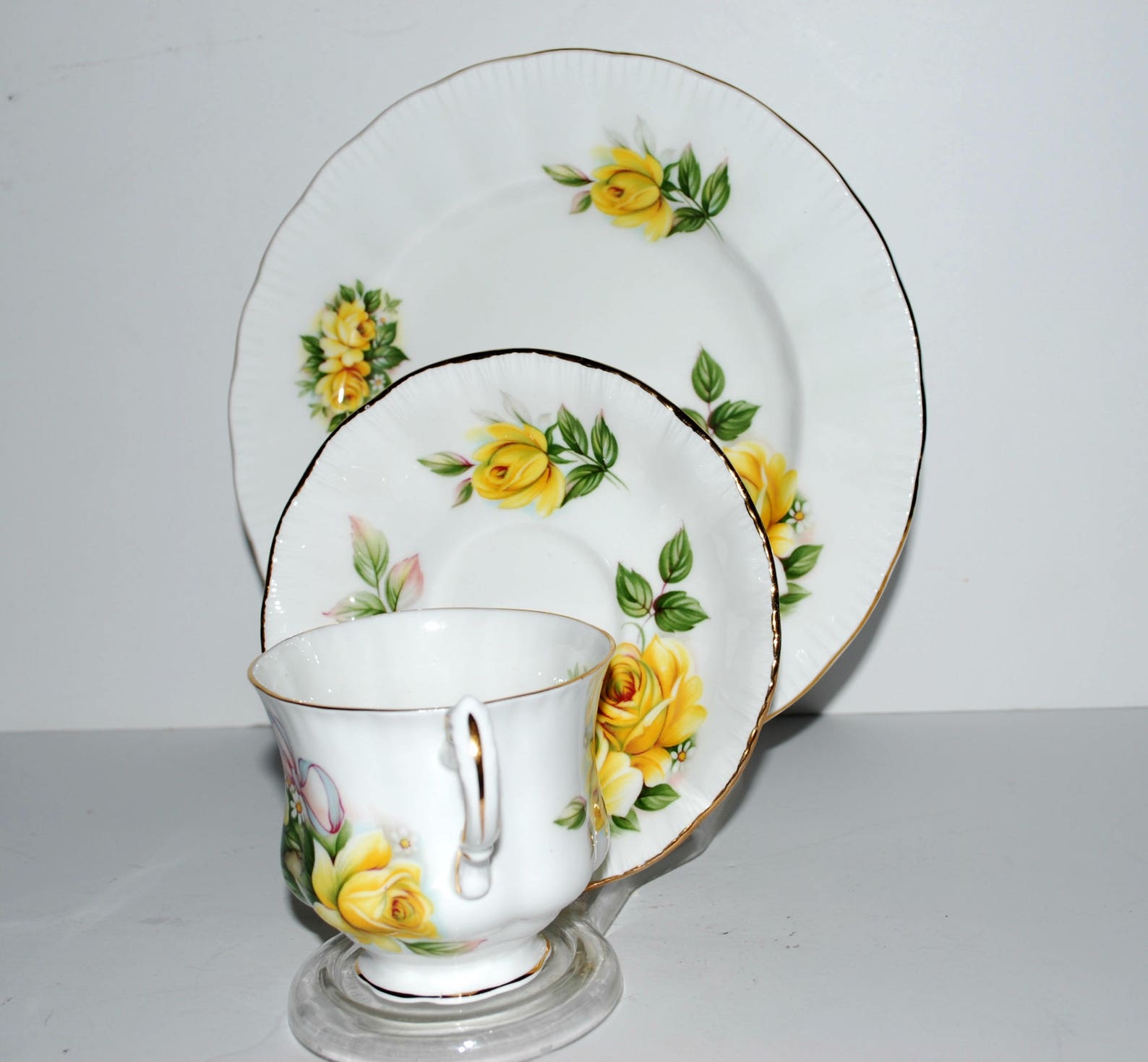 Royal Crest China Trio Yellow Roses 3 Piece Set English China Tea Party ...