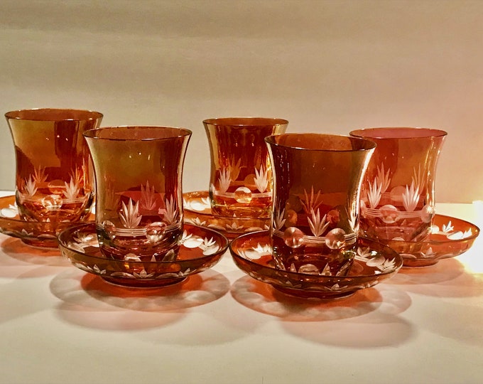 Vintage Red Cut to Clear Handle Less Cups and Saucers Bohemian Glass - Etsy