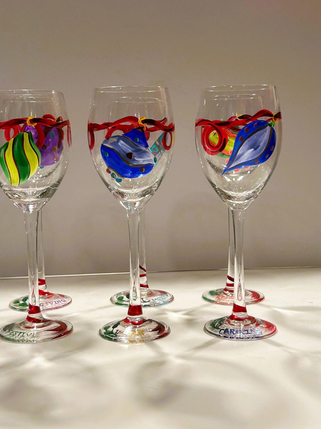 Vintage Christmas Goblets Wine Glasses Hand Painted Stemware Tabla ...