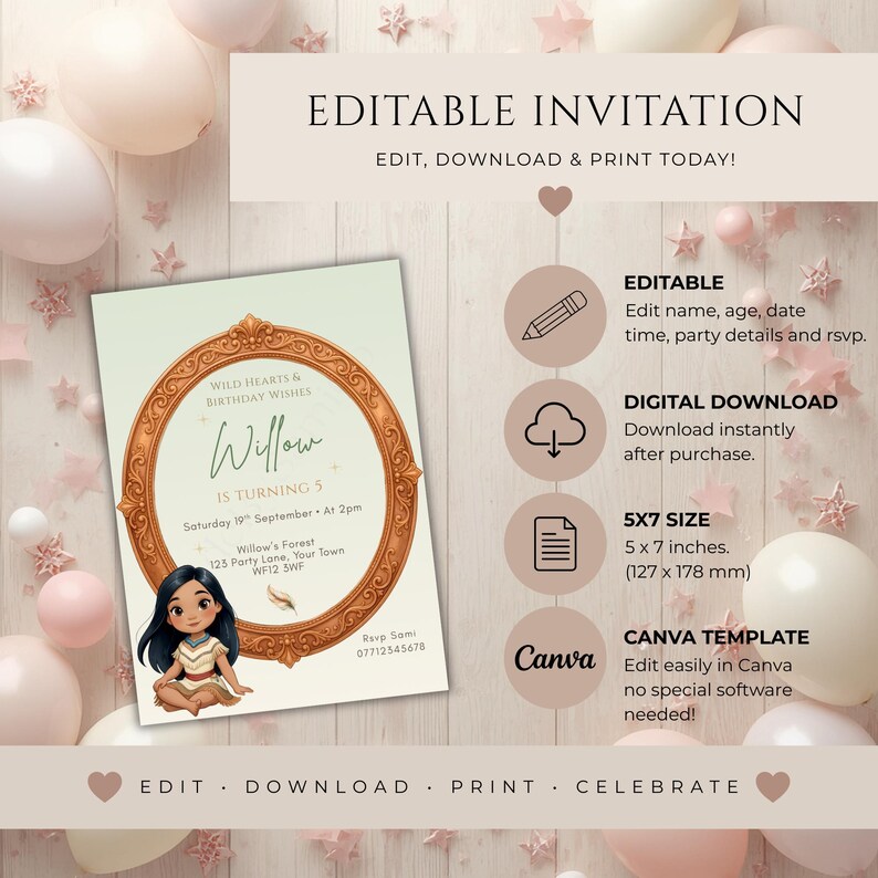 Pocahontas Invitation | Birthday Party | Princess Celebration | 5x7 ...
