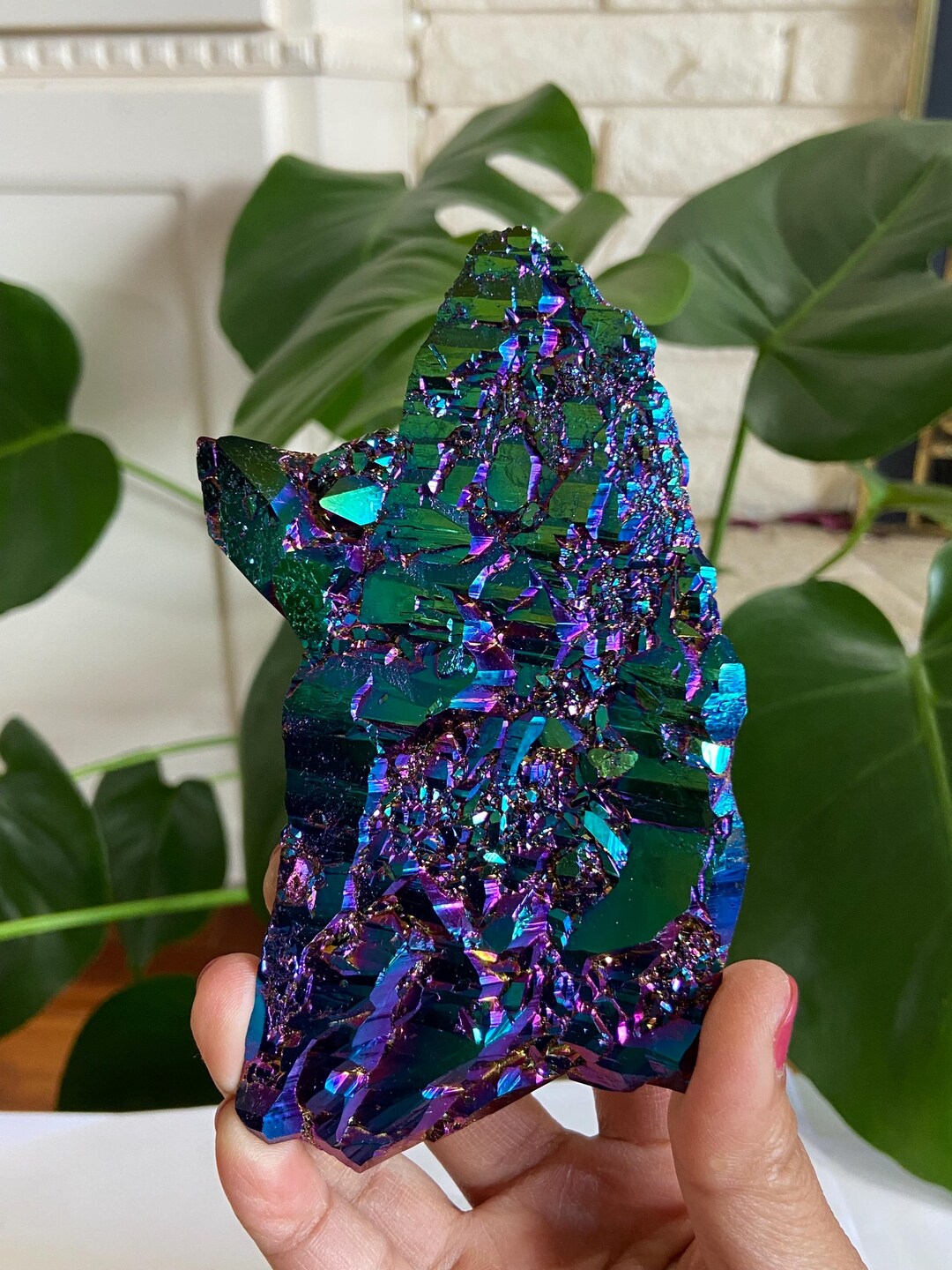 Rainbow Aura Quartz Crystal-display Piece 195g | Green Purple-titanium ...