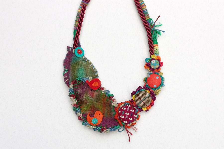 Fiber Art Bib Necklace Crochet and Felt Jewelry With Fabric - Etsy