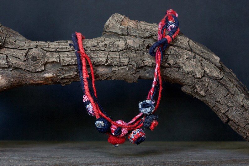 Fiber Art Necklace, Hand Wrapped Jewelry With Knitted and Bamboo Beads ...