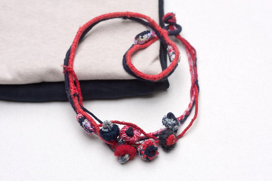 Fiber Art Necklace, Hand Wrapped Jewelry With Knitted and Bamboo Beads ...