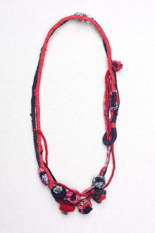 Fiber Art Necklace, Hand Wrapped Jewelry With Knitted and Bamboo Beads ...