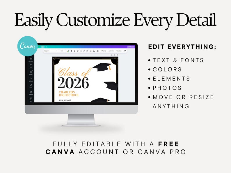 Graduation Template Bundle Class of 2026 Editable Canva Grad Party ...