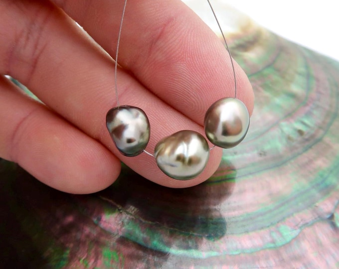 3pc STUNNING AAA Genuine Cook Islands Keshi Pearls - Rich Black, Silver ...